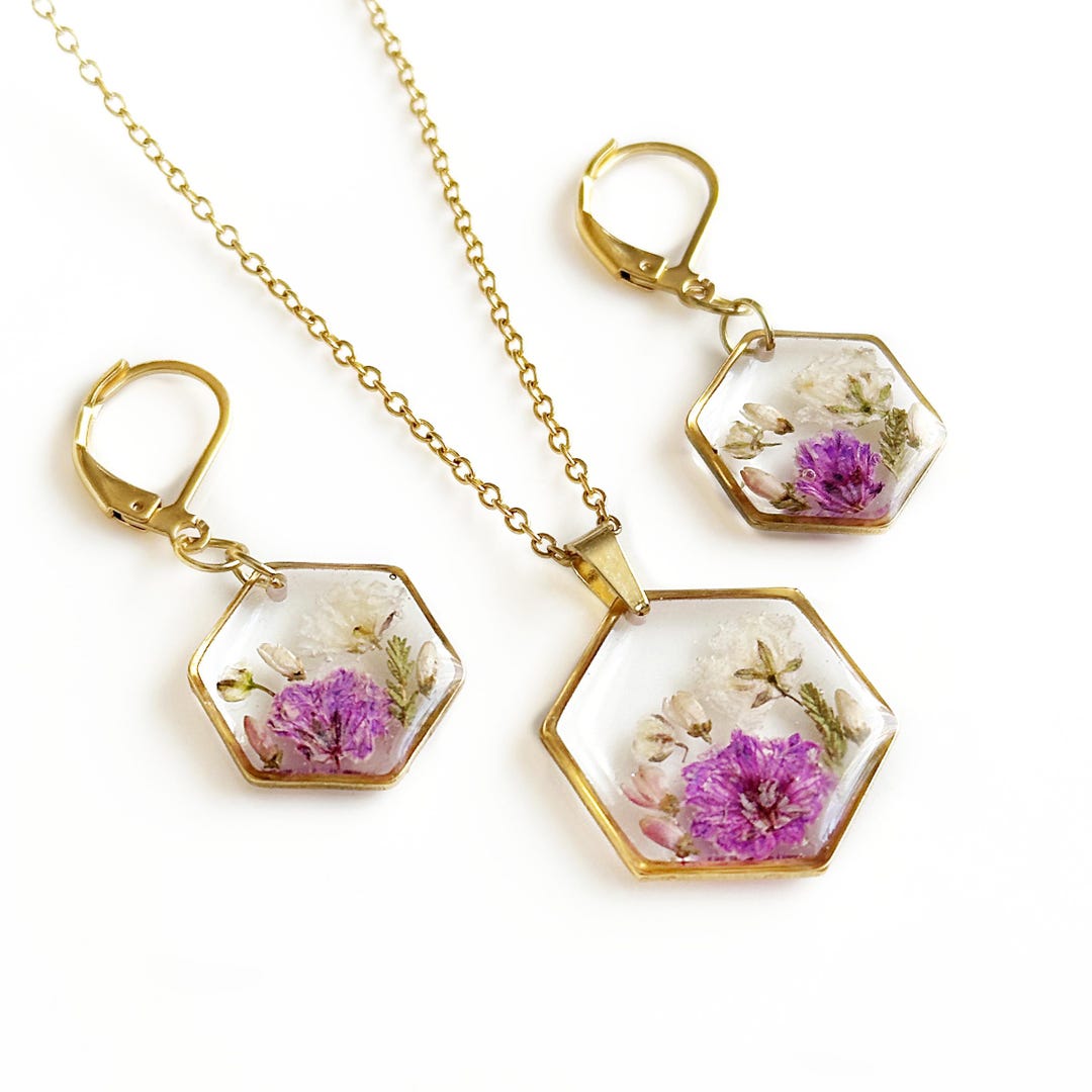 Geometric Jewellery Set, Real Flowers, Gift for Wife, Necklace and ...
