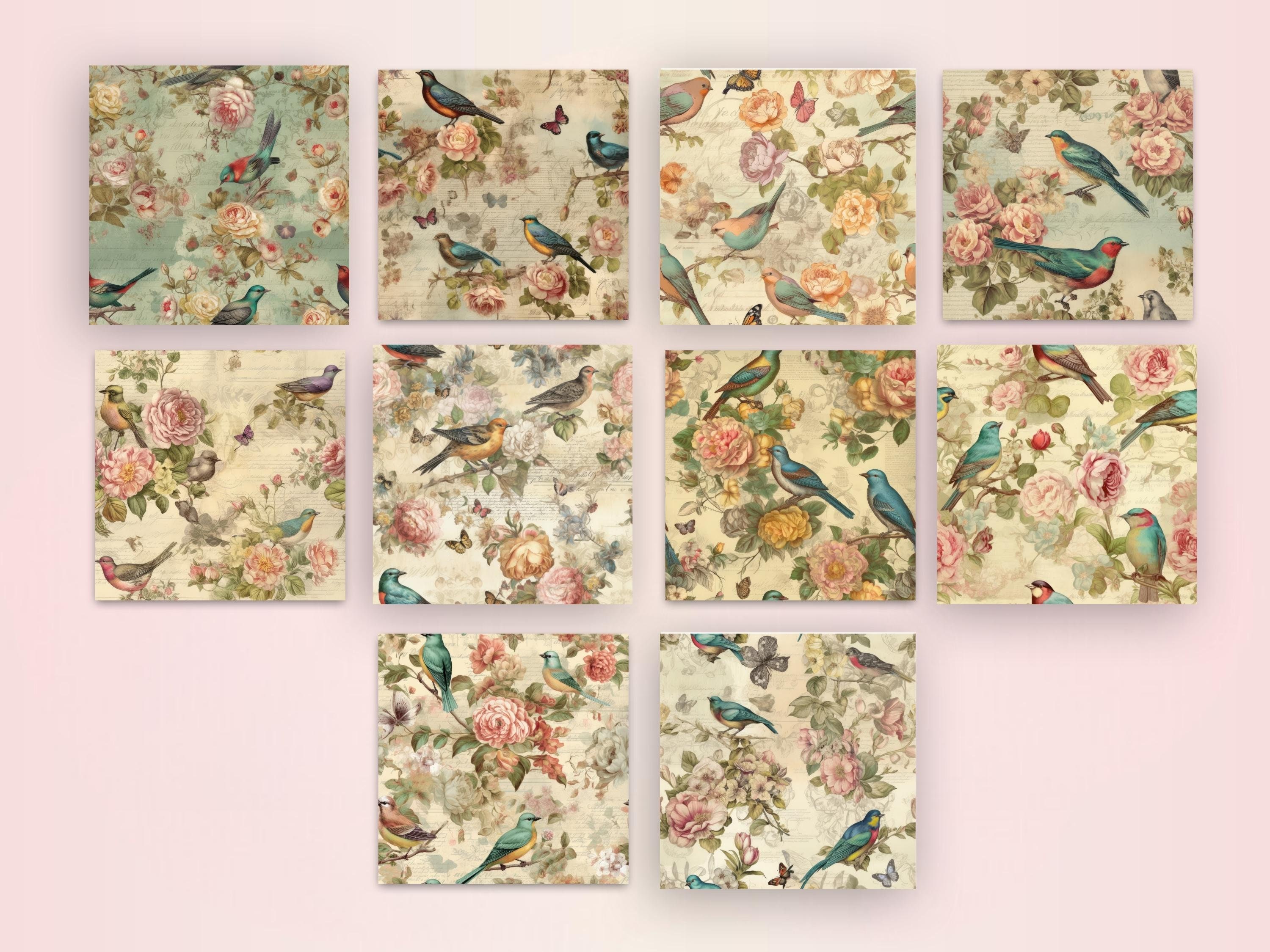 Birds Digital Papers, Vintage Collage Sheets, Flowers Junk Journal ...