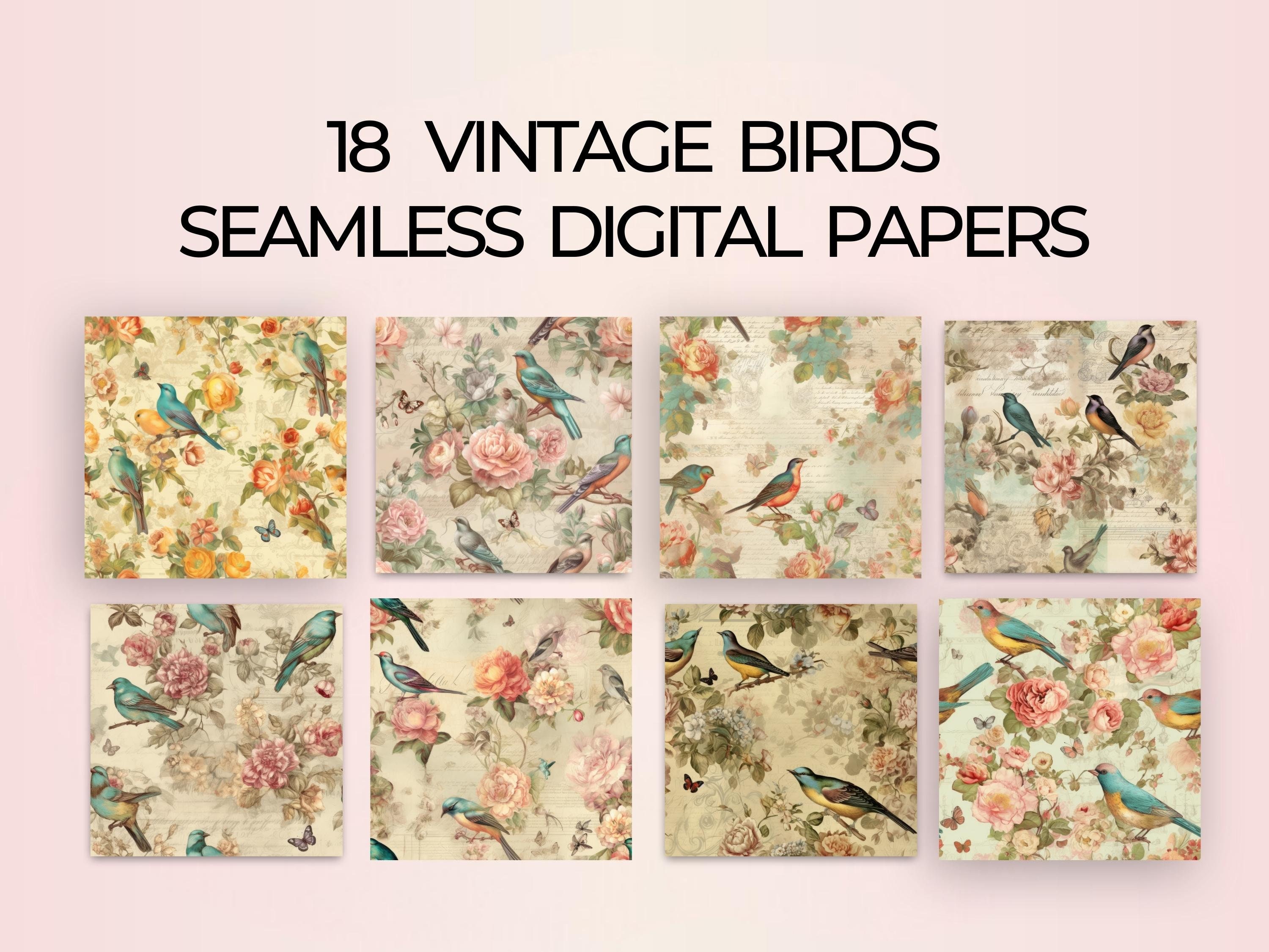Birds Digital Papers, Vintage Collage Sheets, Flowers Junk Journal ...