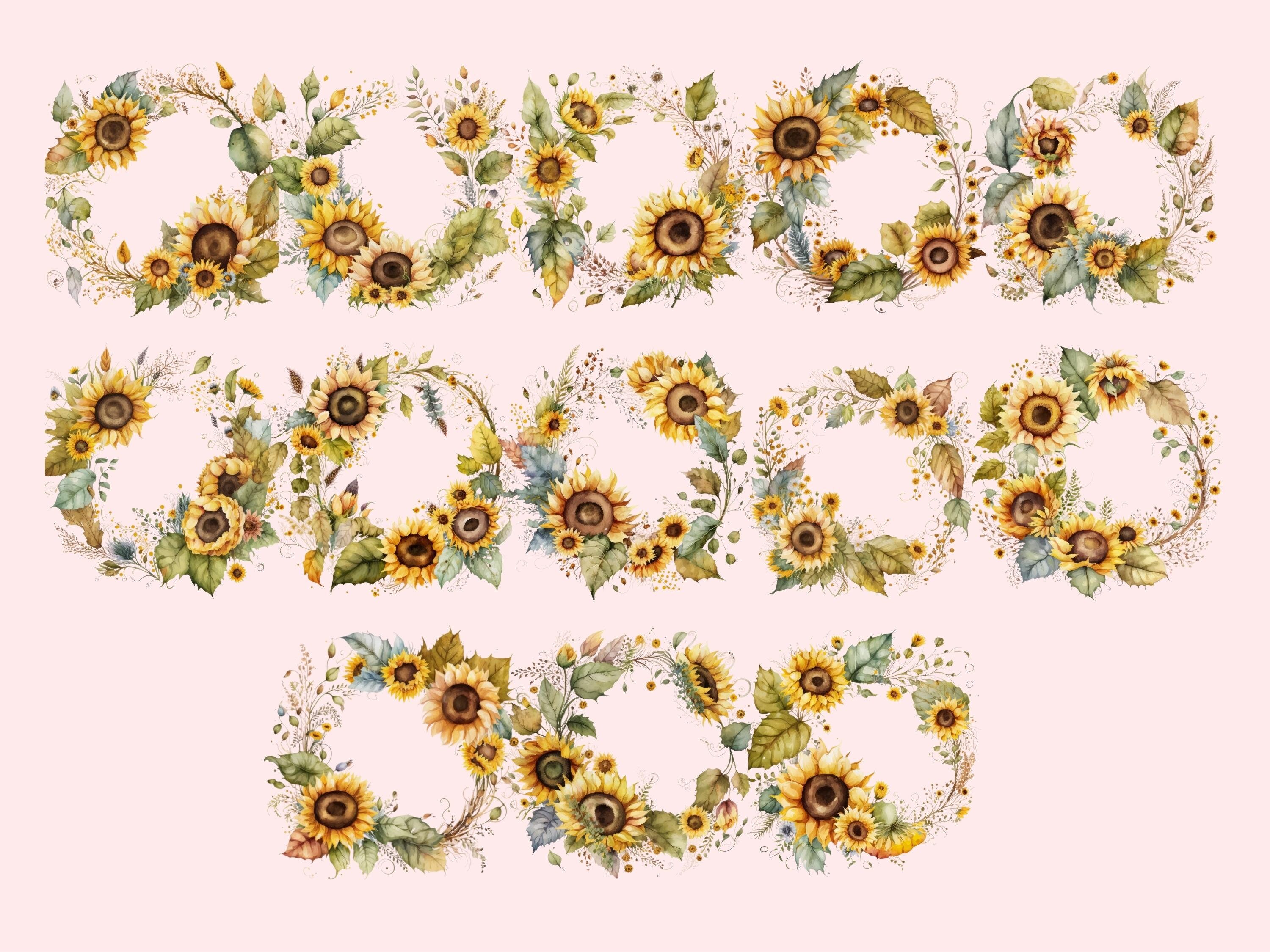 Sunflower Wreath Clipart, Watercolor Floral Spring, Botanical Floral ...