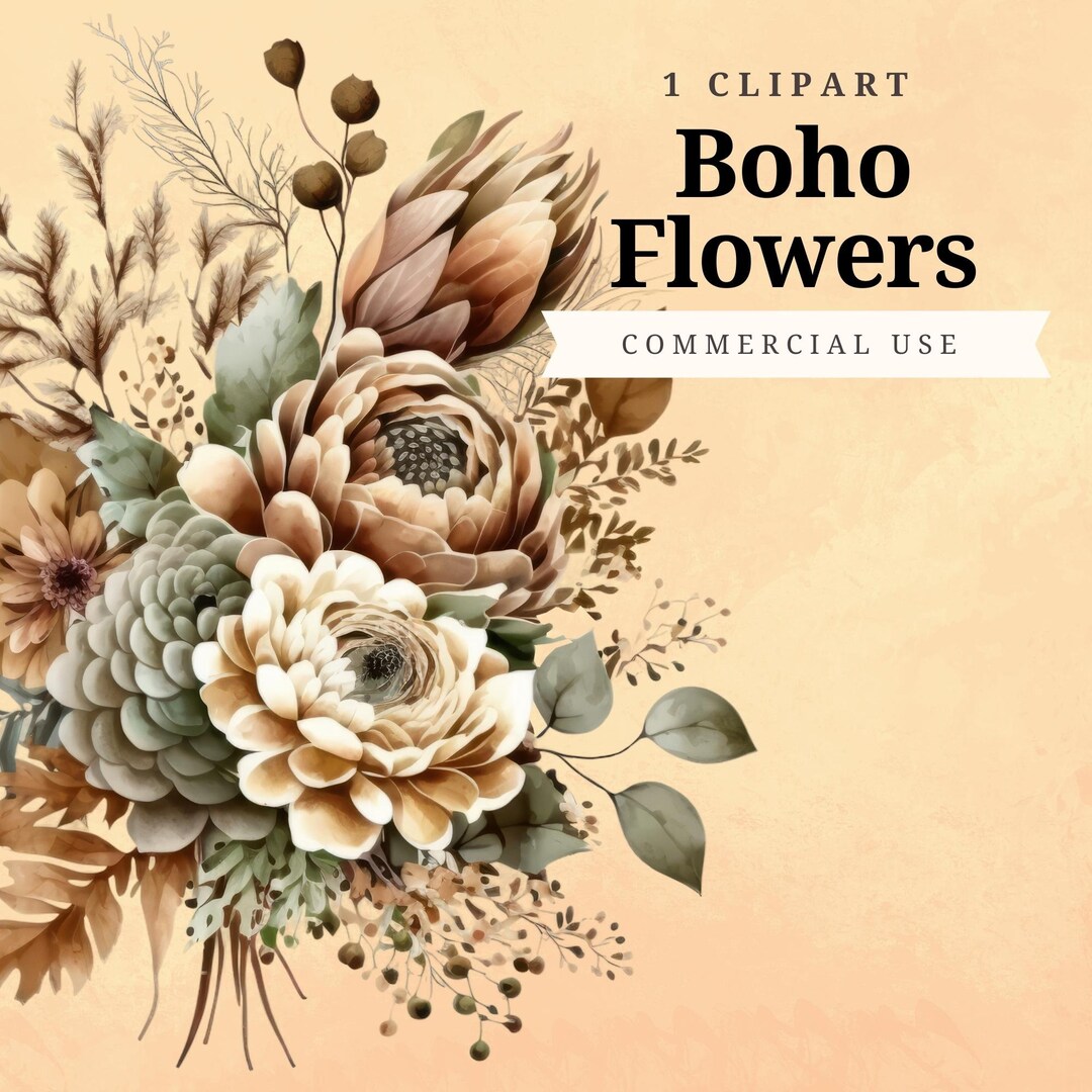 Boho Brown Flowers PNG, Watercolor Floral Clipart Bouquet, Premade ...