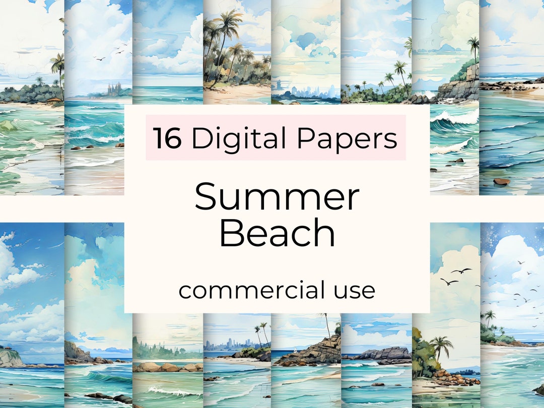 Beach Digital Papers, Ocean Waves Summer Backgrounds, Watercolour Ocean ...