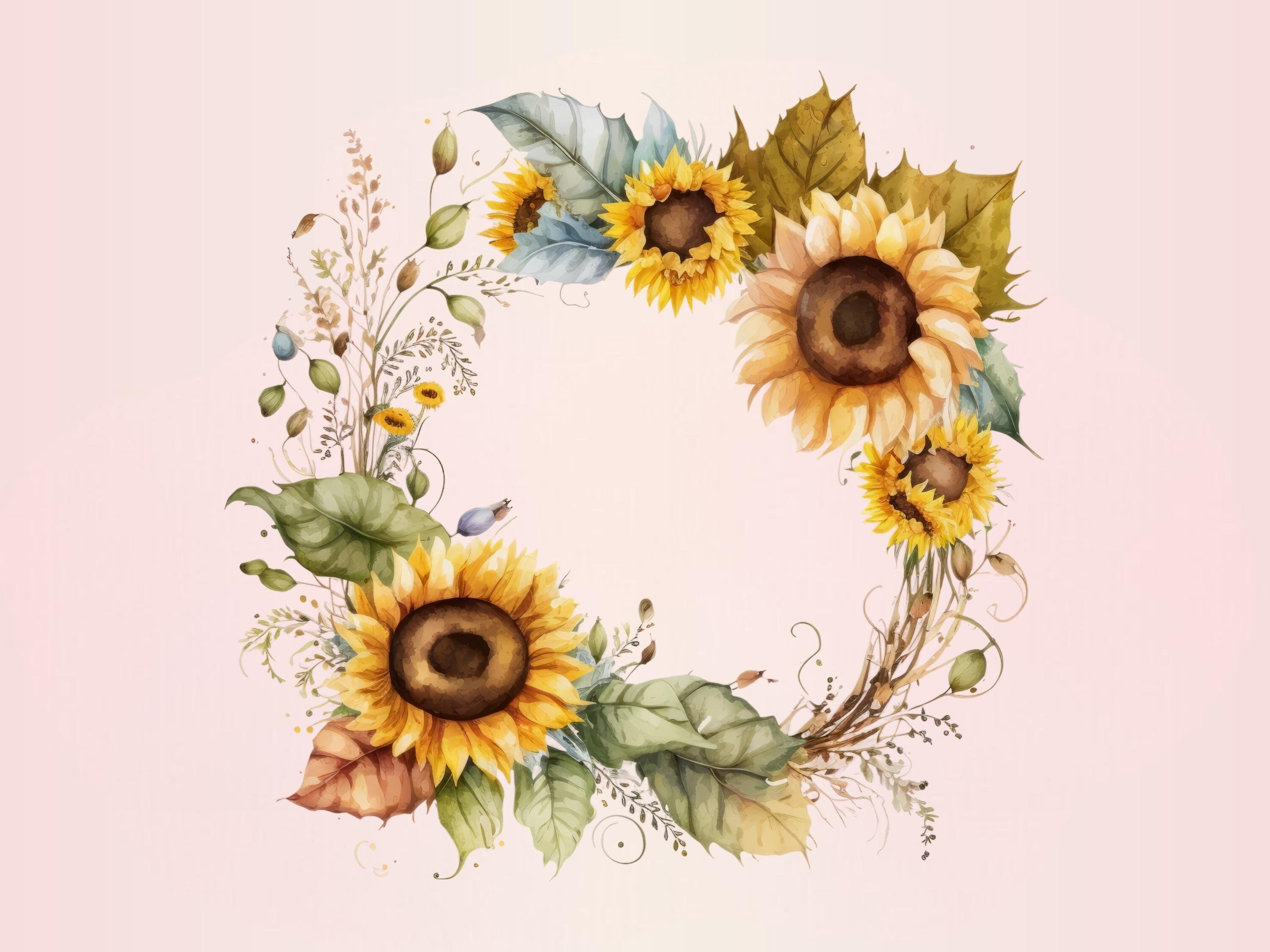 Sunflower Wreath Clipart, Watercolor Floral Spring, Botanical Floral ...