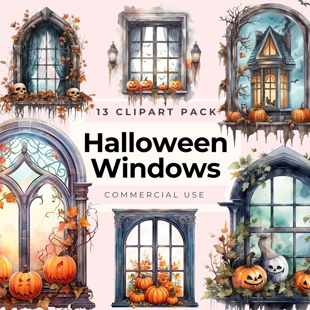 Halloween Window Clipart, Pumpkin Watercolor Shop Window, Spooky ...