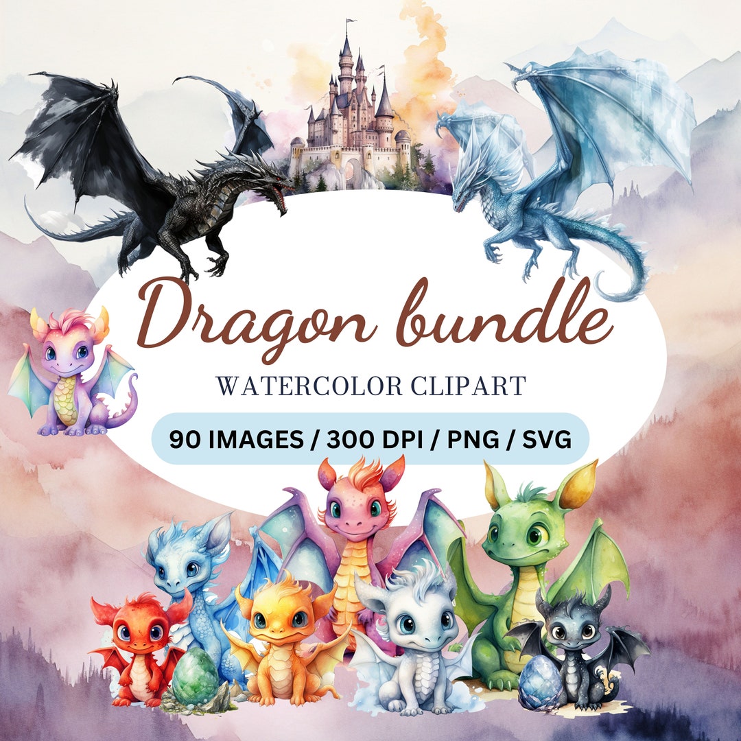 Fantasy Dragon Watercolor PNG Clipart Bundle, 90 Transparent Images for ...