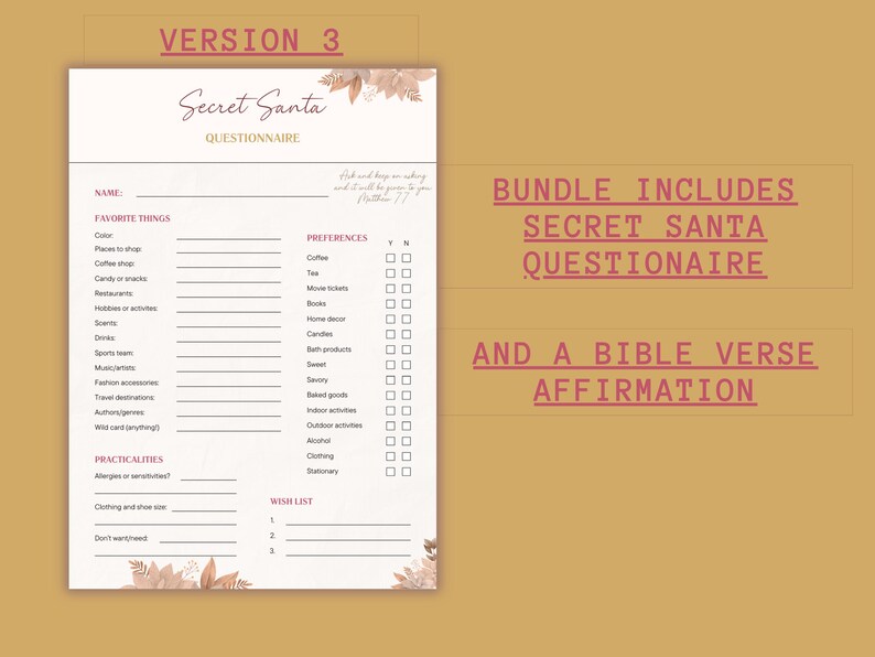 Festive Gift Planner & Secret Santa Questionnaire Bundle (printable PDF ...
