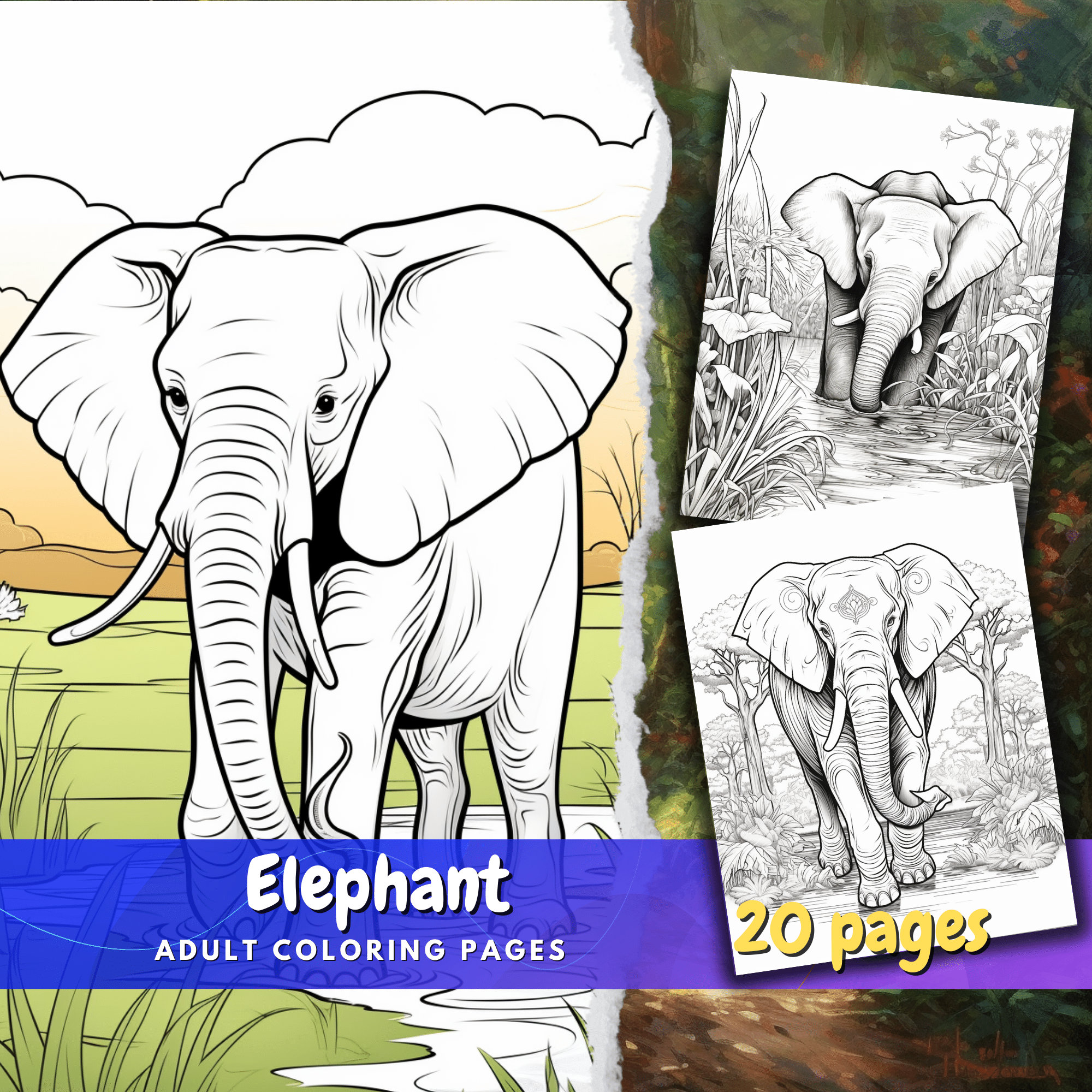 Realistic Elephant Coloring Pages and Greyscale Color Therapy Pages for ...