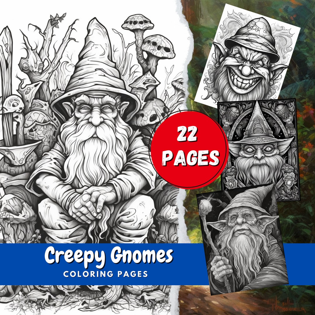 Grayscale Halloween Evil Gnome Coloring Pages for All Ages, Evil Garden ...
