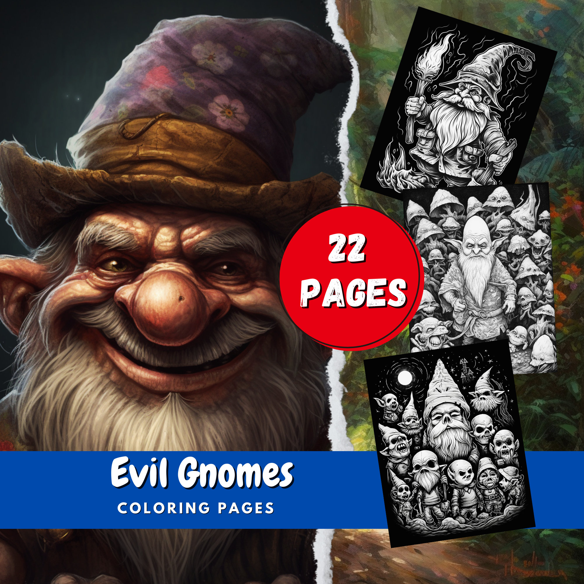 Creepy Evil Gnome Line Art Coloring Pages for Halloween Instant Digital ...