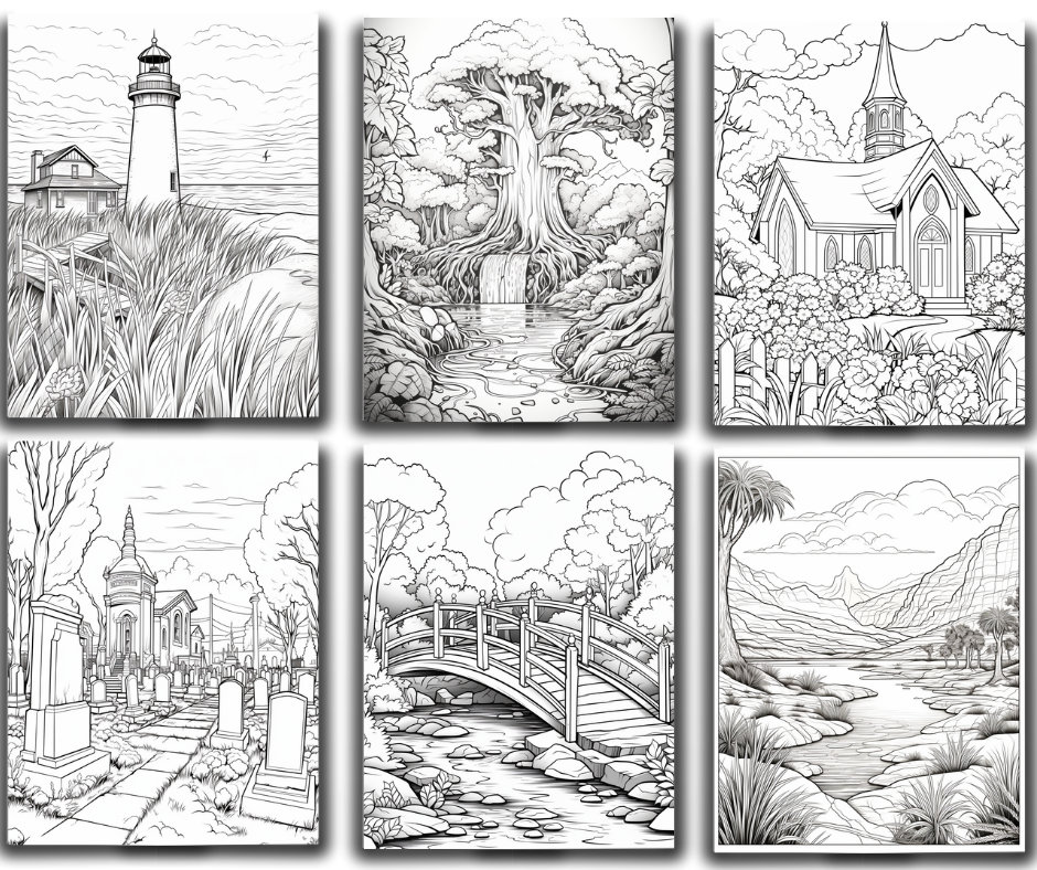 Serene Landscape Coloring Pages Scenic Walking Paths for Relaxation - Etsy