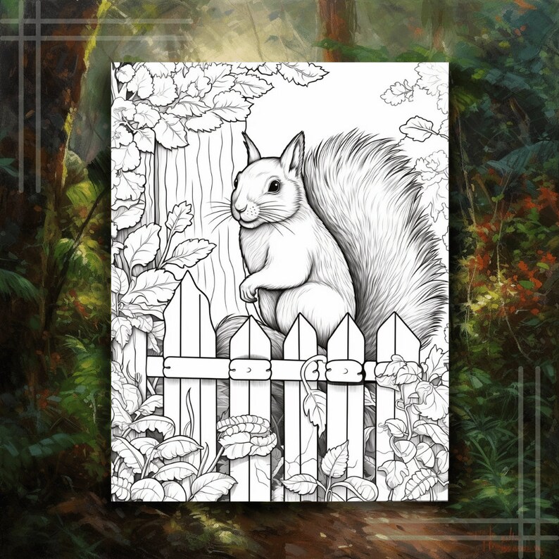 Realistic Squirrel Coloring Page With Greyscale Line Art for Instant ...