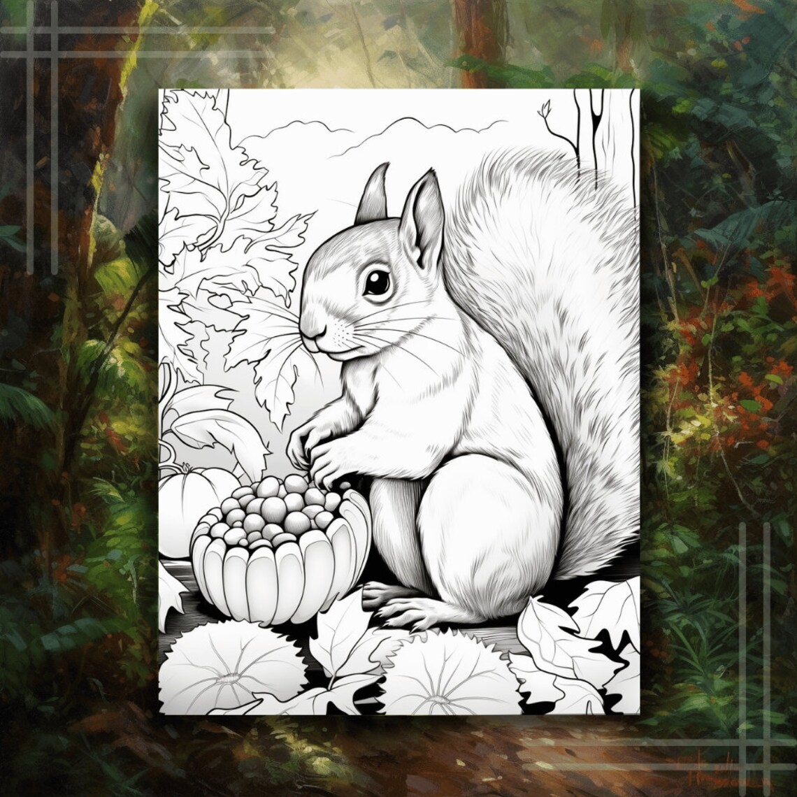 Realistic Squirrel Coloring Page With Greyscale Line Art for Instant ...