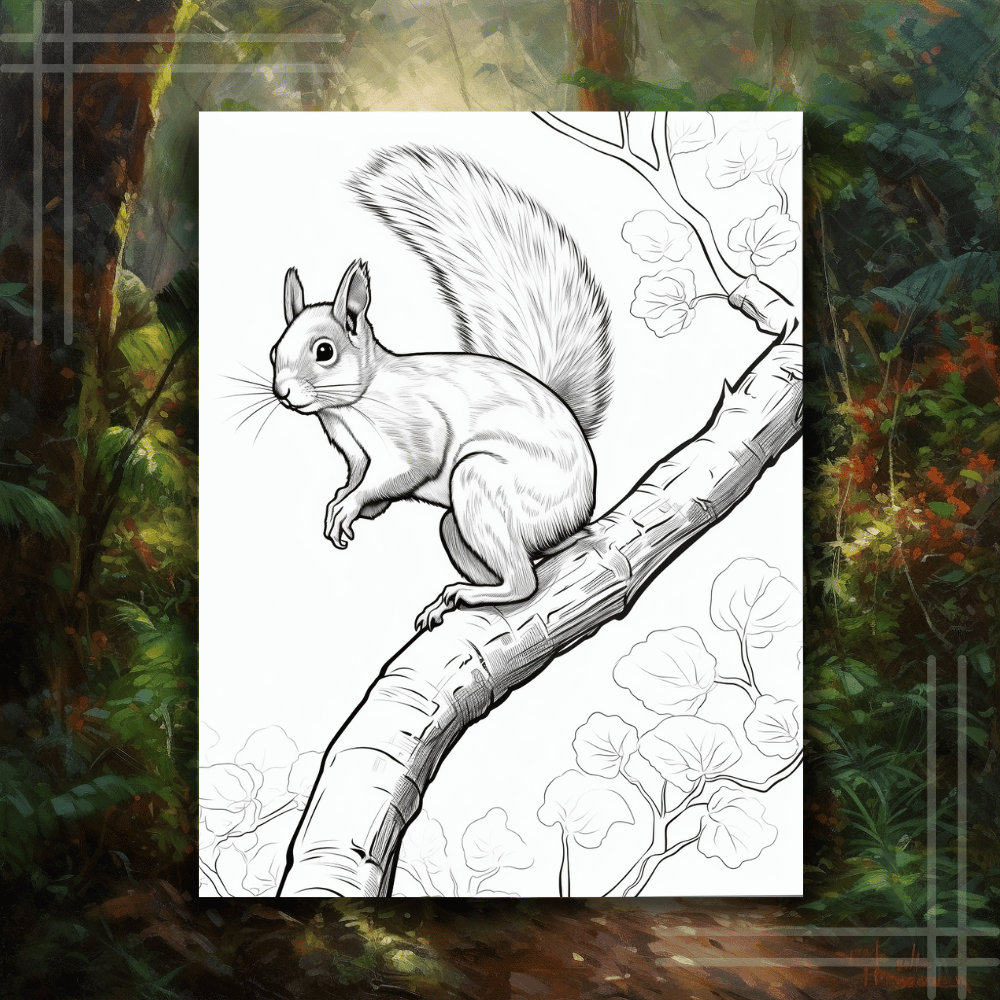 Realistic Squirrel Coloring Page With Greyscale Line Art for Instant ...