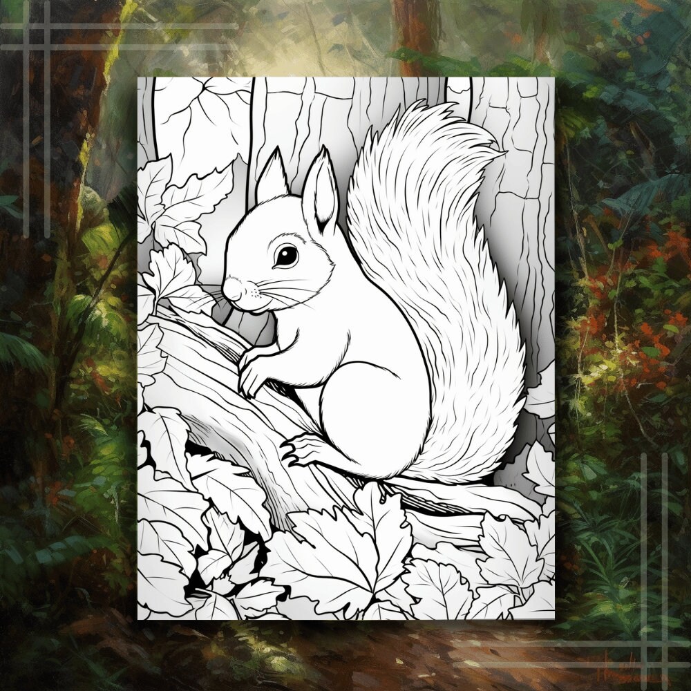 Realistic Squirrel Coloring Page With Greyscale Line Art for Instant ...