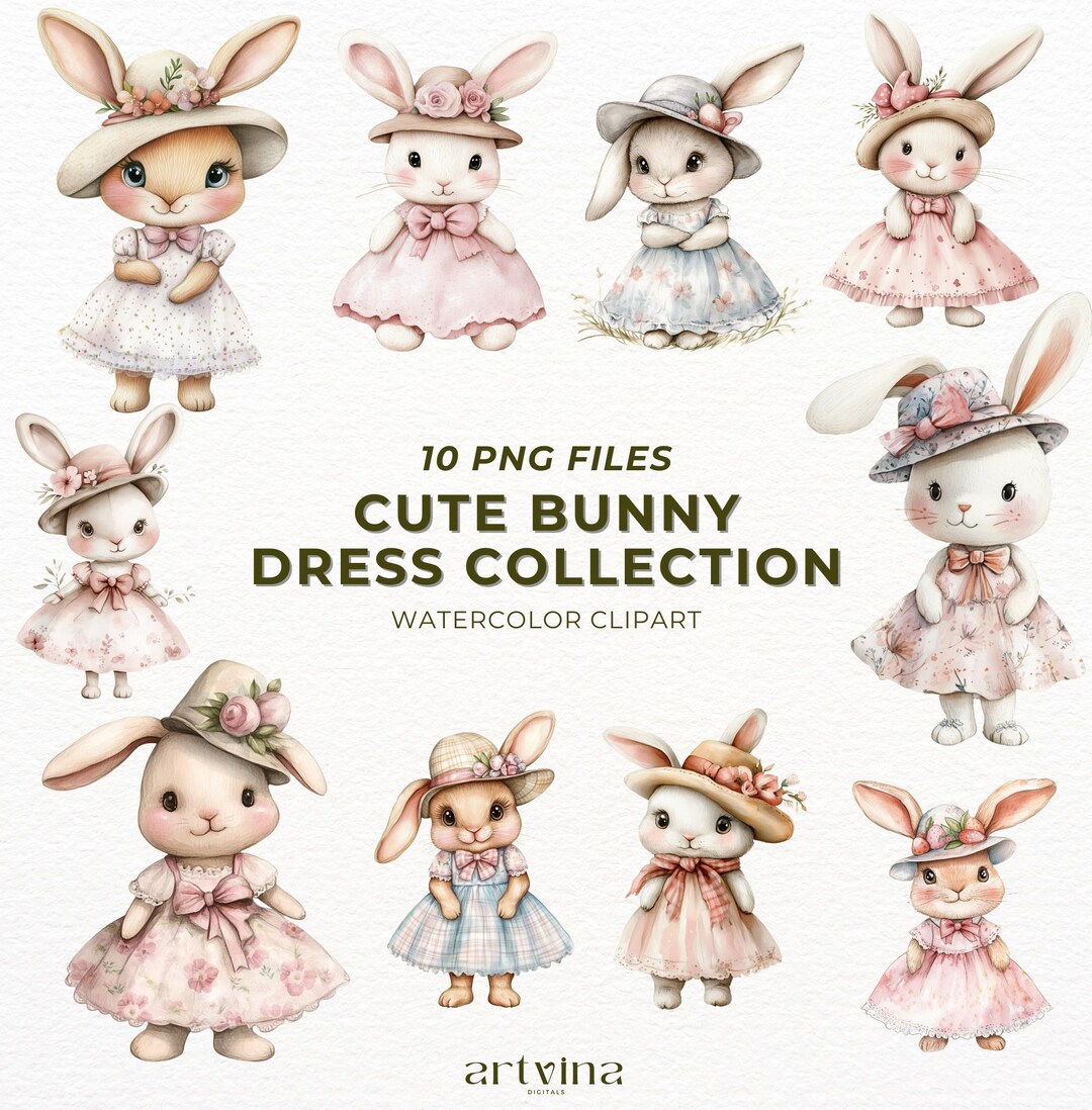 Watercolor Bunny Clipart Cute Rabbit Dress Clipart Baby Bunny Girl ...