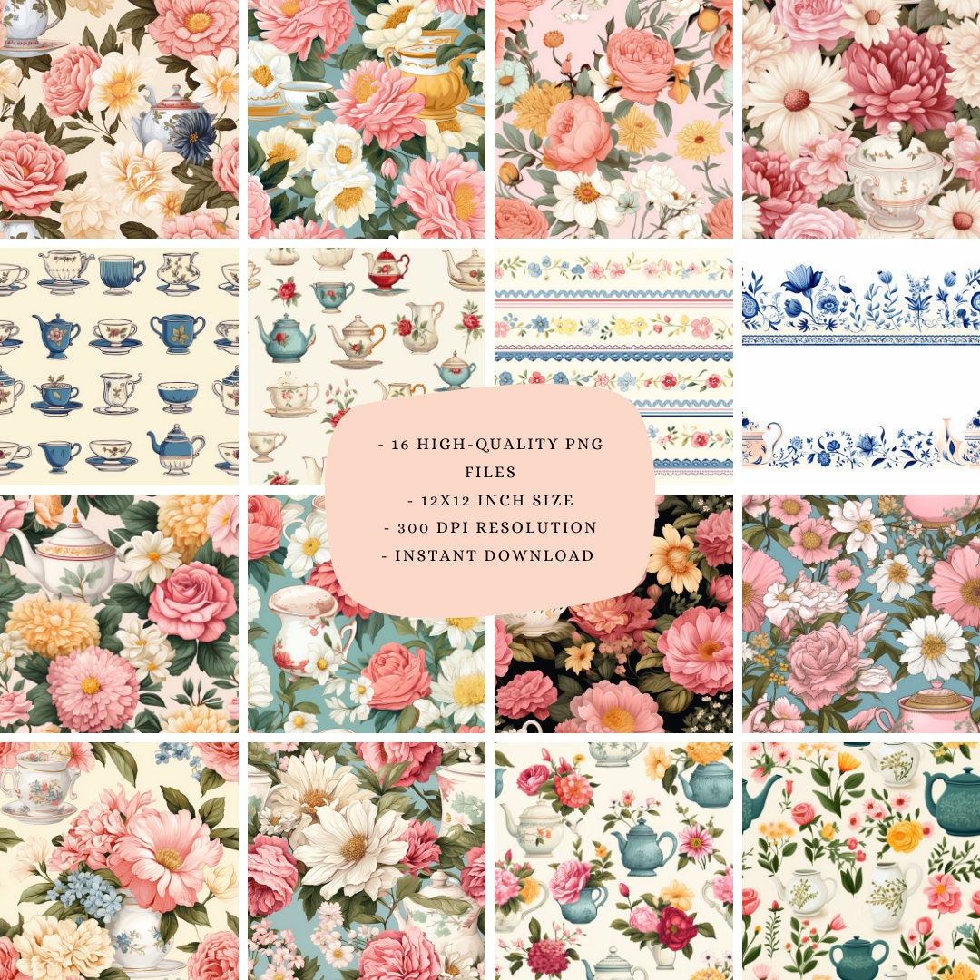 16 X Seamless Floral Tea Party Patterns 16 Unique Watercolor Tea Party ...