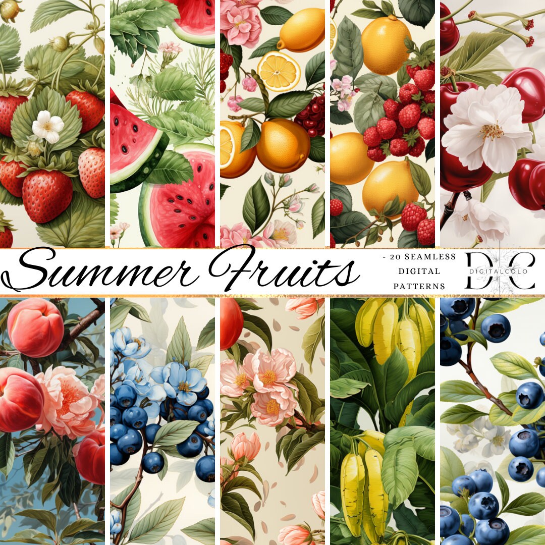 20 X Seamless Digital Download Summer Fruits 20 Unique Watercolor ...