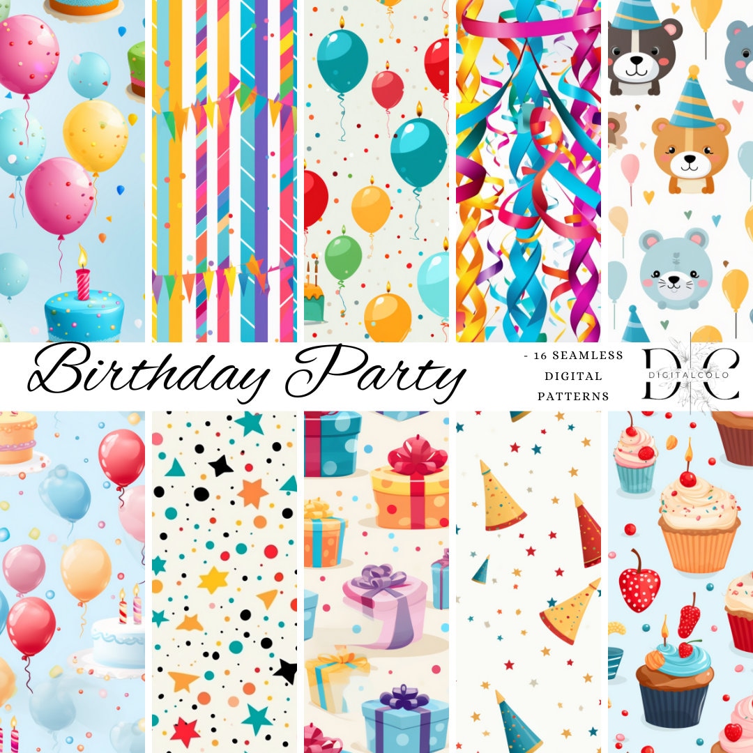 16x Birthday Party Print Digital Paper, Seamless Birthday Patterns With ...