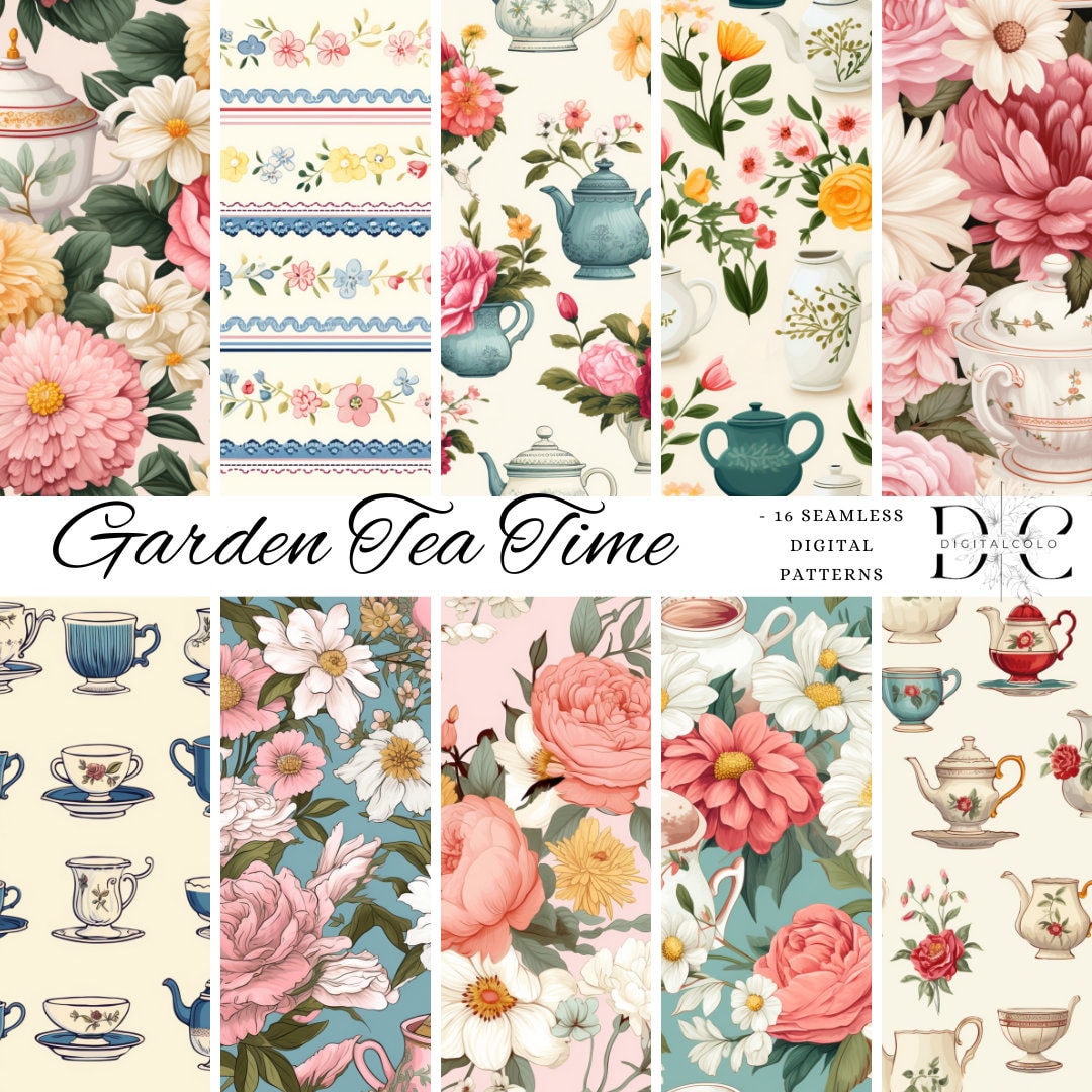 16 X Seamless Floral Tea Party Patterns 16 Unique Watercolor Tea Party ...