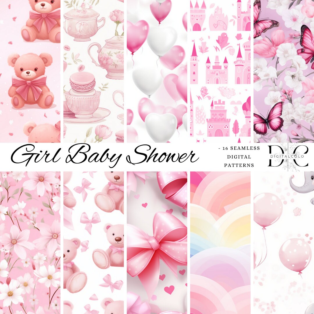 16x Girl Baby Shower Seamless Digital Papers, Baby Girl, Baby Pattern ...