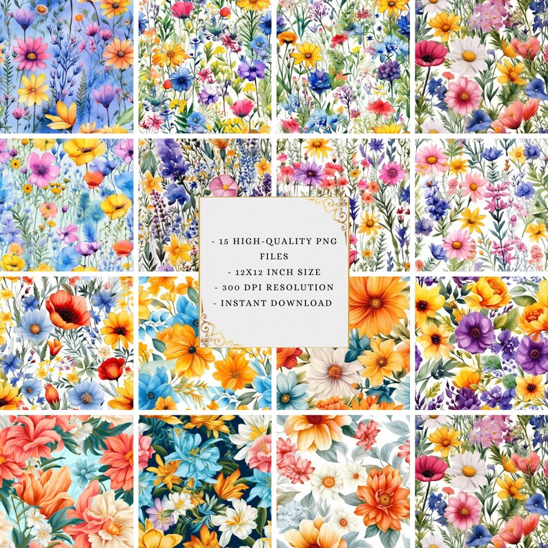 15 X Seamless Digital Download Summer Flora Meadow Medley Digital Paper ...