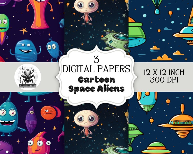 Cartoon Aliens Digital Paper, Seamless Cute Space Graphics, Commercial ...
