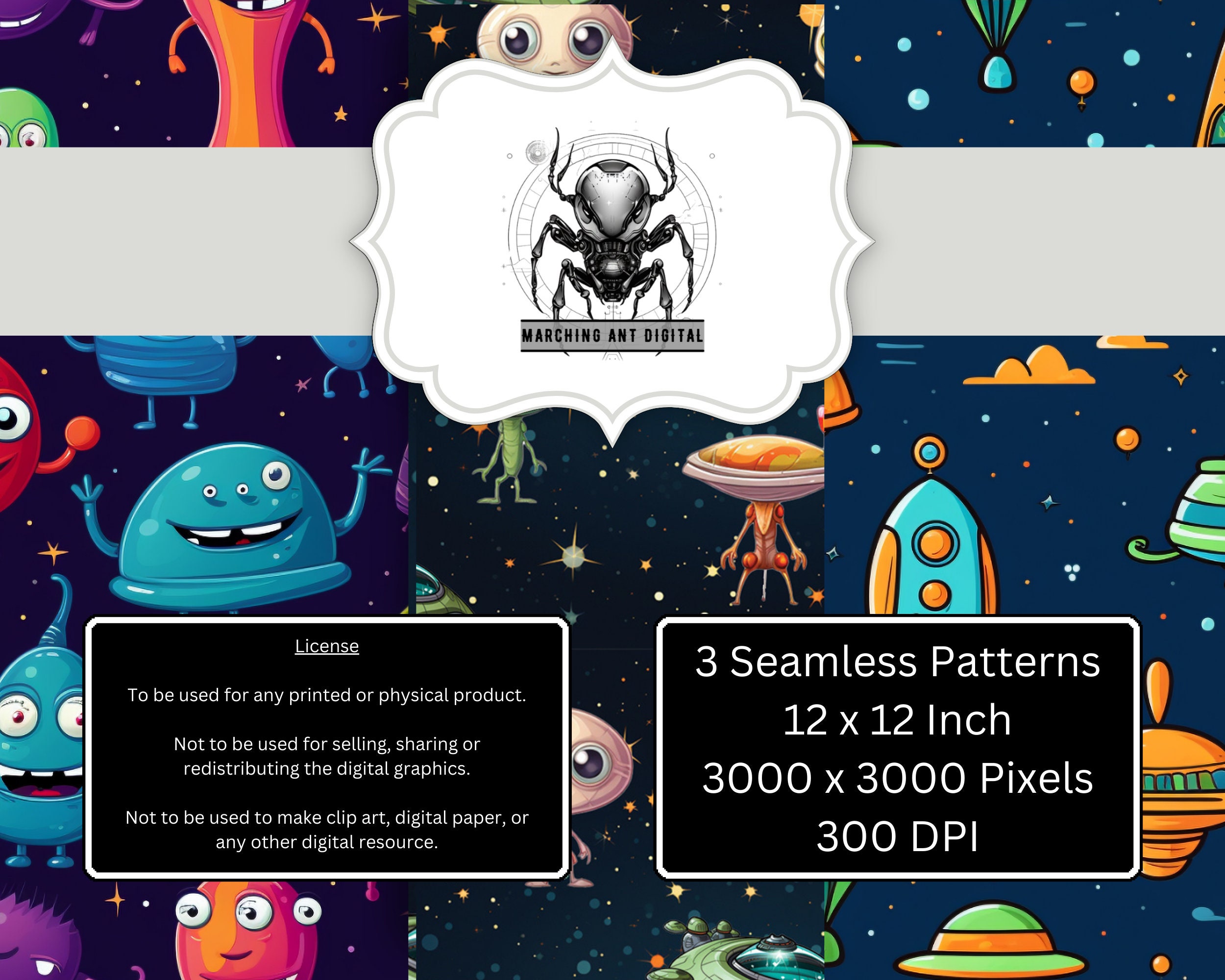 Cartoon Aliens Digital Paper, Seamless Cute Space Graphics, Commercial ...