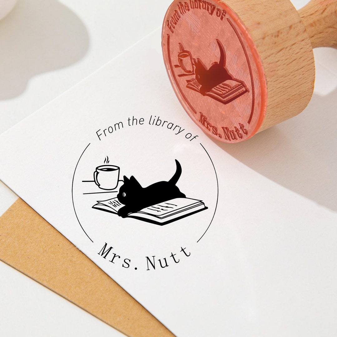 Cat and Open Book Library Stamp Personalised Book Embossing Gifts for ...