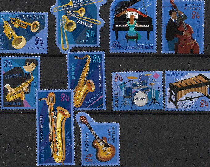 Musical Instruments - Japan Postage Stamps X 10. Cute Japanese Stamp ...