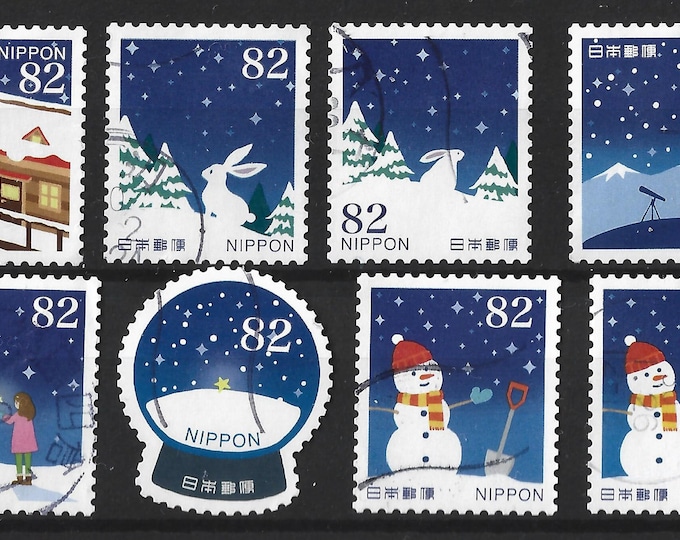 Winter Greetings - Japan Postage Stamps X 8. Cute Japanese Stamp Set ...