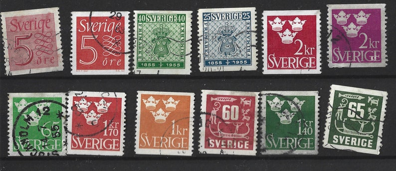 12 Sweden Definitive Stamps. Swedish Stamp Collection (c. 1950s ...