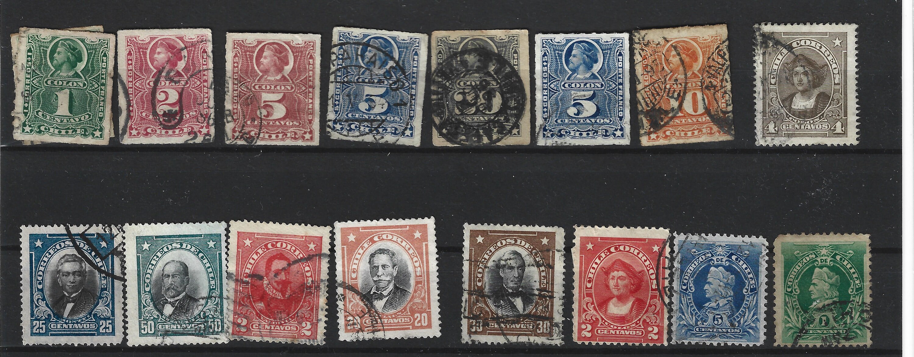 C. 1900s-1910s Chile Postage Stamps X 16. Vintage Chilean Stamp. Colon ...