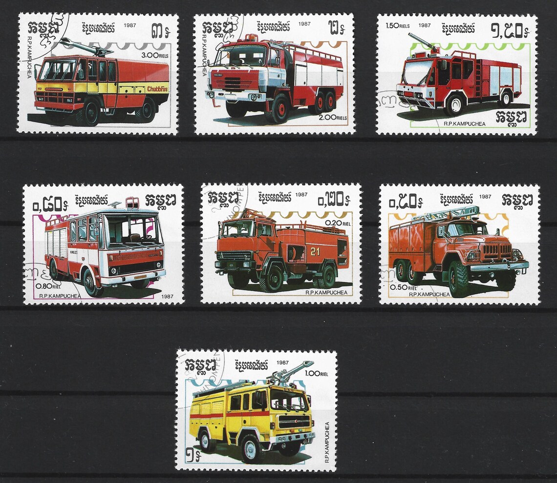 Fire Engines - Cambodia Postage Stamps X 7 (1987). Asia, Fire Trucks ...