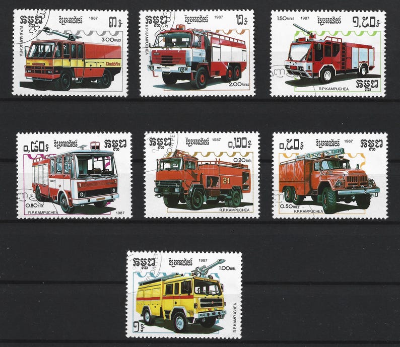 Fire Engines - Cambodia Postage Stamps X 7 (1987). Asia, Fire Trucks ...