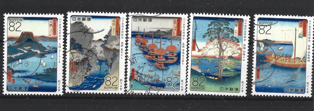 Japan Ukiyo-e Paintings by Utagawa Kuniyoshi Stamps X 5. Cute Japanese ...