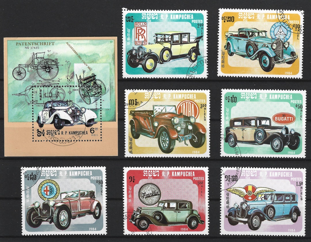 Classic Cars - Cambodia Postage Stamps X 8 (1984). Vintage Asia Stamp ...