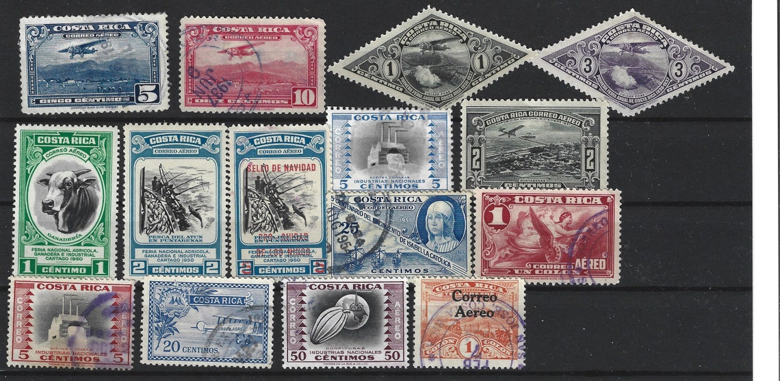 Costa Rica 1930s-50s Postage Stamps X 15. Vintage Costa Rican Stamp Set ...