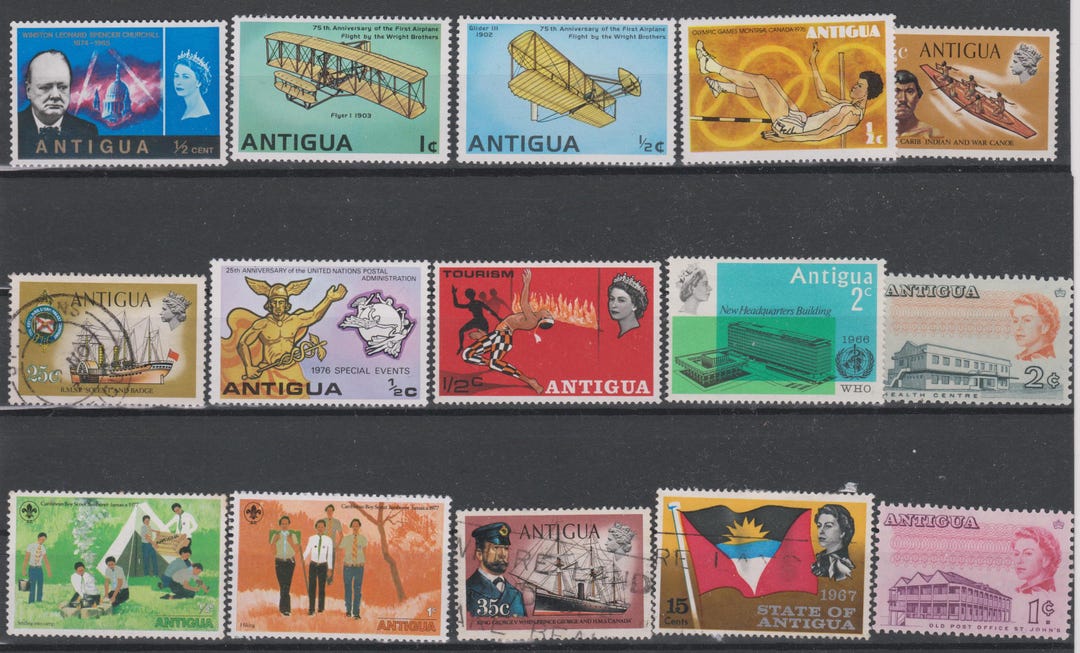 Antigua 1960s-70s Postage Stamps X 15. Vintage Atiguan Stamp Collection ...