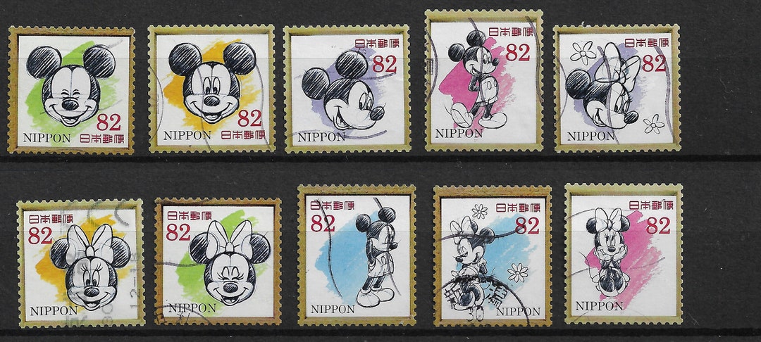 Mickey & Minny Mouse Japan Postage Stamps X 10. Cute Japanese Stamp Set ...