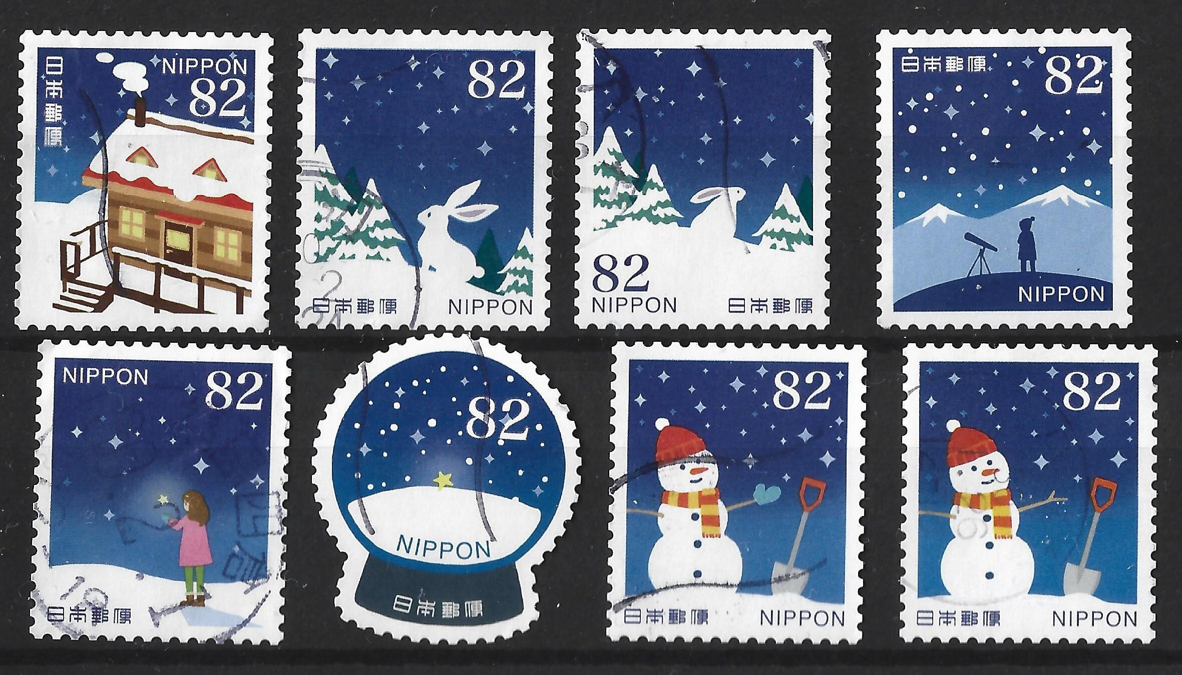 Winter Greetings - Japan Postage Stamps X 8. Cute Japanese Stamp Set ...
