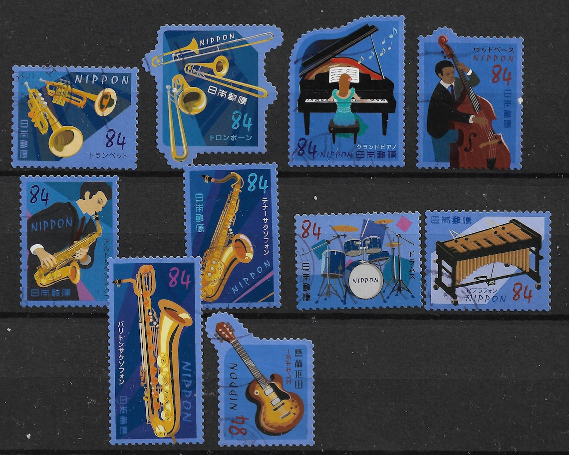 Musical Instruments - Japan Postage Stamps X 10. Cute Japanese Stamp ...