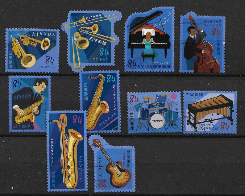 Musical Instruments - Japan Postage Stamps X 10. Cute Japanese Stamp ...