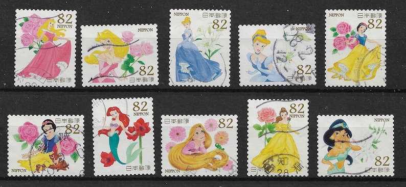 Disney Princesses Japan Postage Stamps X 10. Cute Japanese Stamp Set ...