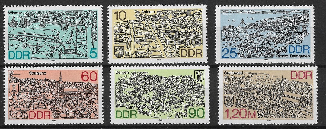 East German Towns - Germany Postage Stamps X 6 (1988) Vintage East ...