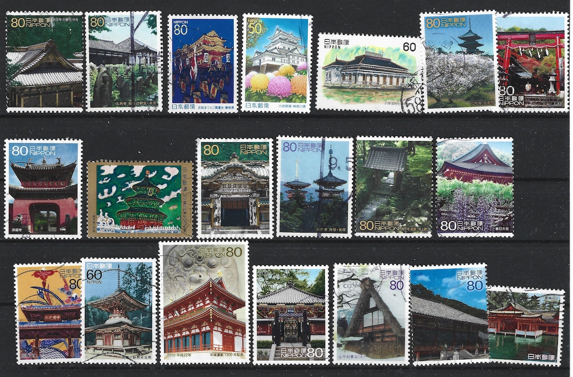 Japan Temples Stamps X 20. Japanese Postage Stamp Set. Traditional ...