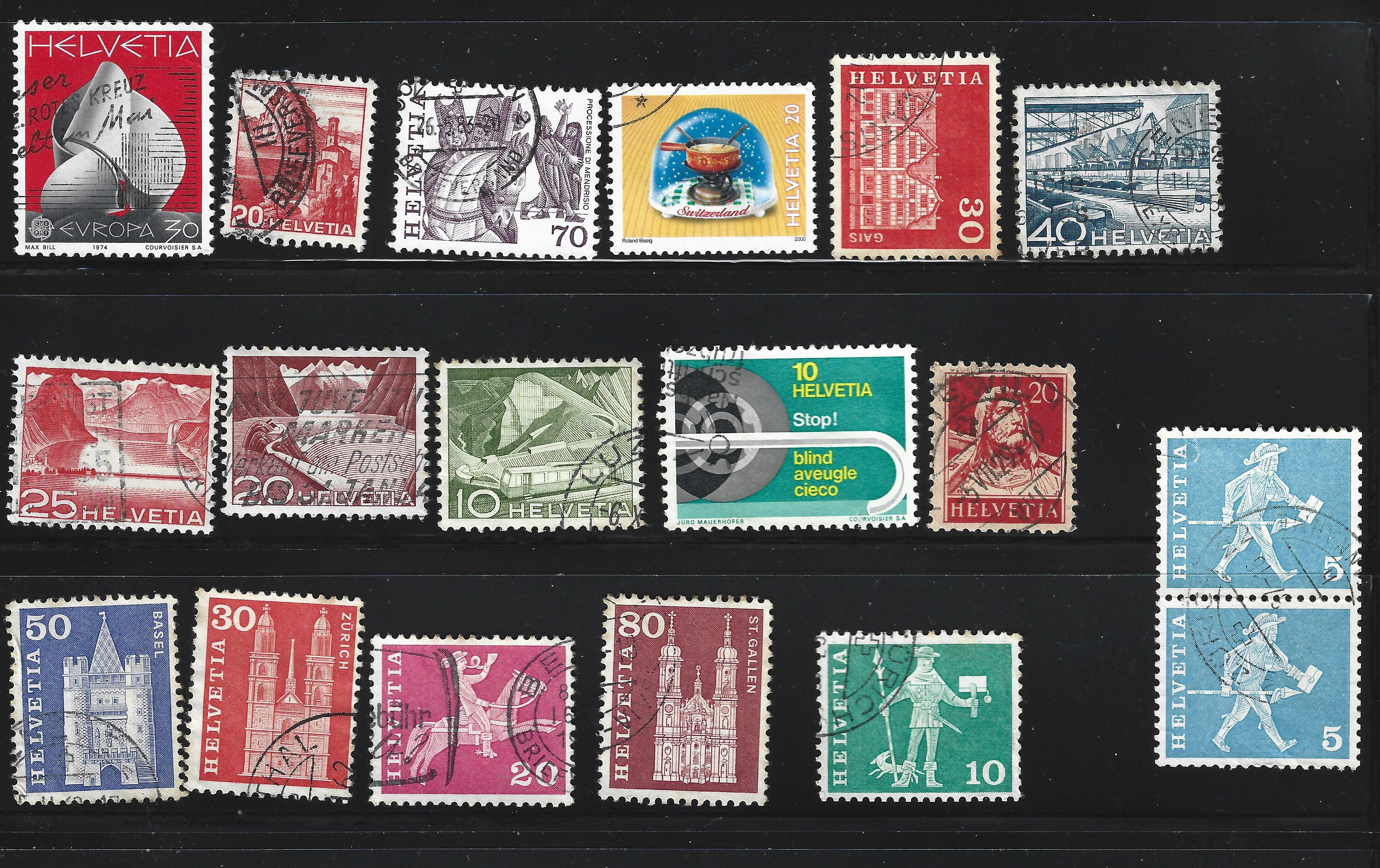 18 Switzerland Definitive Stamps. Swiss Stamp Collection (1950s Onwards ...