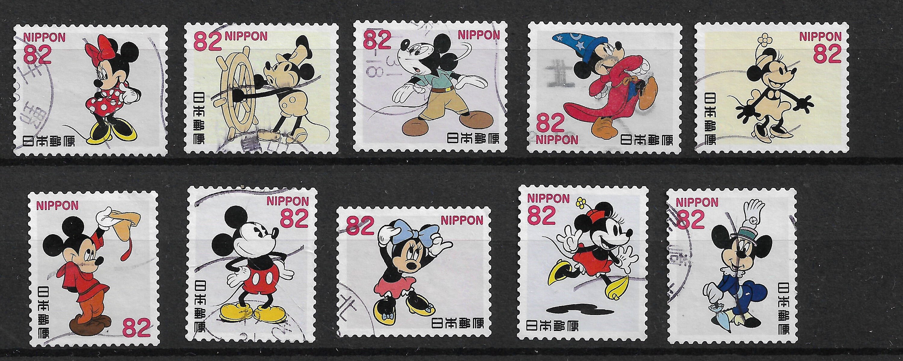 Mickey & Minny Mouse Japan Postage Stamps X 10. Cute Japanese Stamp Set ...