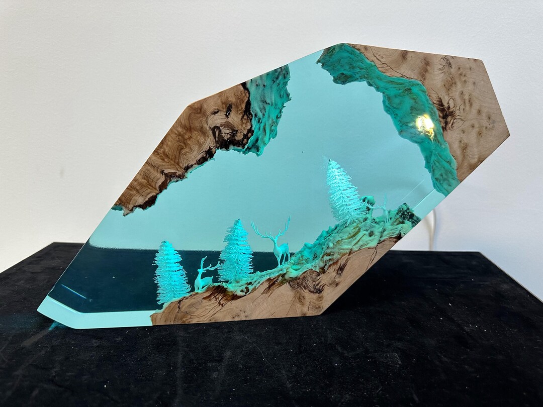 Epoxy Resin Wood Rustic Lamp POLYGON Christmas Elk and Ocean Forest ...