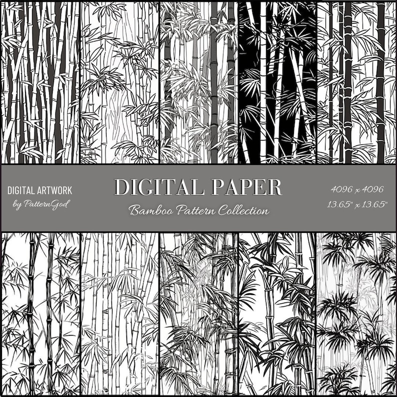 10 Bamboo Patterns, Clip Art, Seamless Art, Black and White, Tileable ...