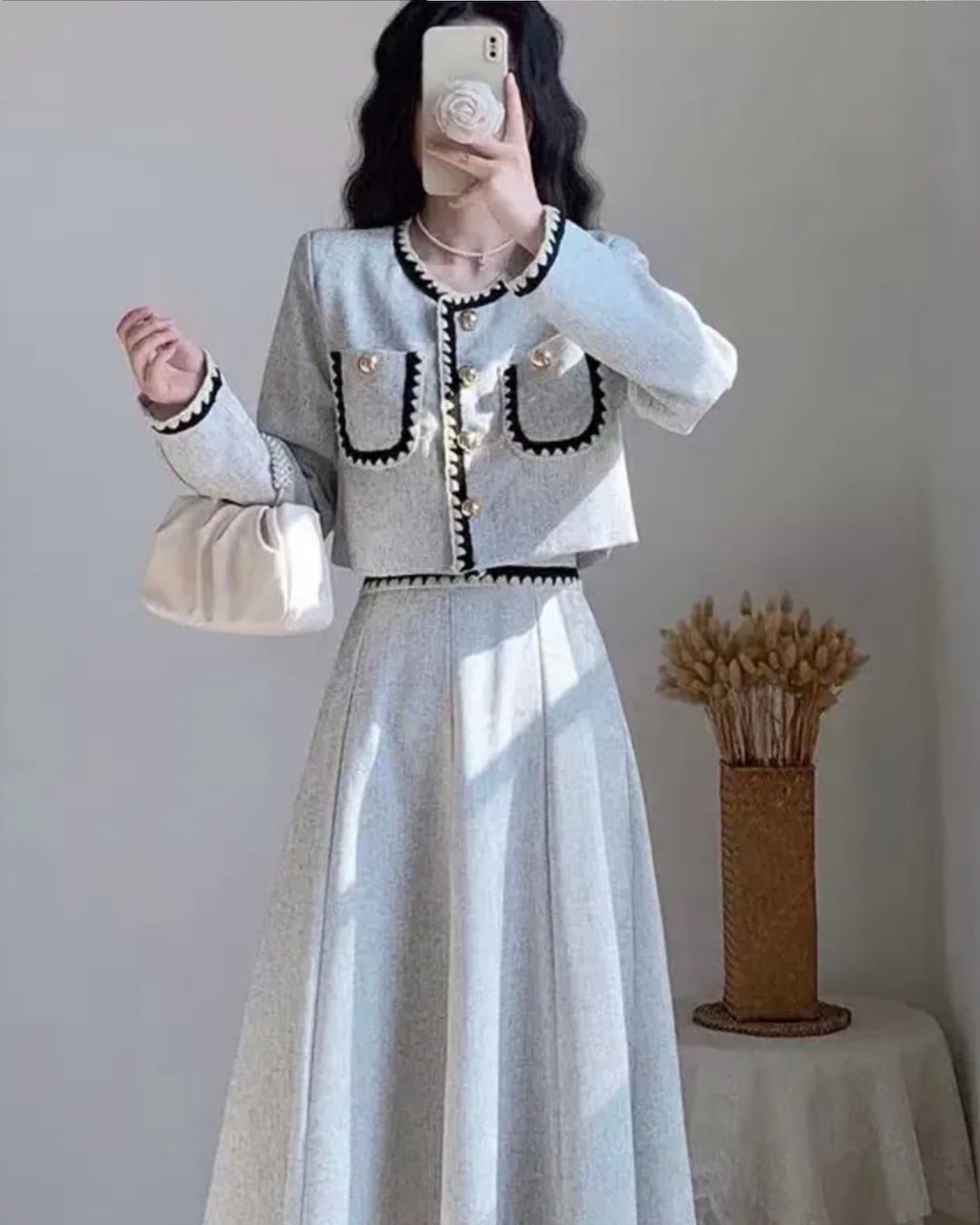 Women Tweed Blazer Set Long Sleeve Blazer Top and Midi Skirt Matching ...